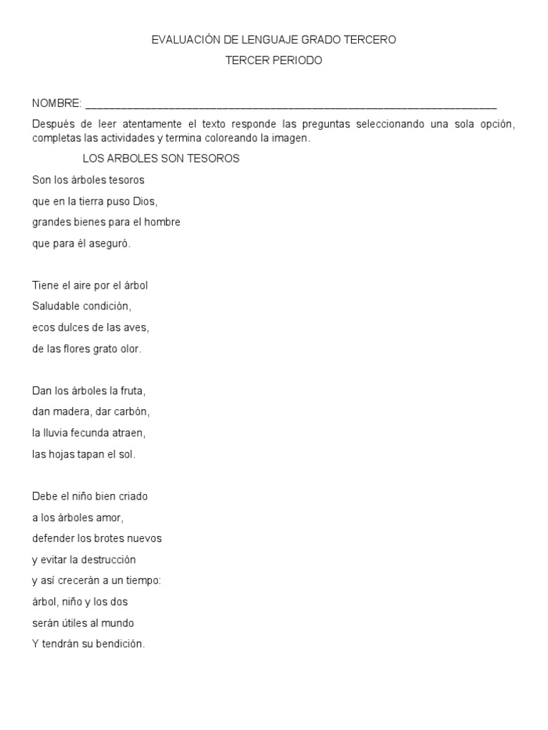 EVALUACIÓN DE LENGUAJE GRADO TERCERO | PDF | Poesía | Sílaba