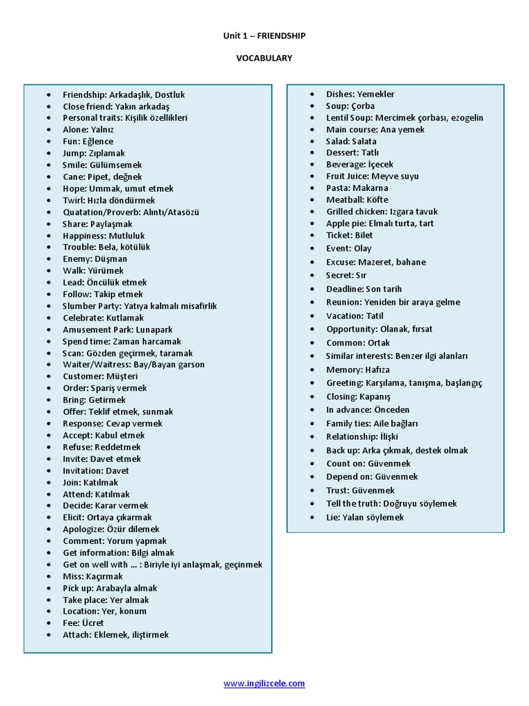 8 Sinif 1 Unite Friendship Unite Kelimeleri | PDF