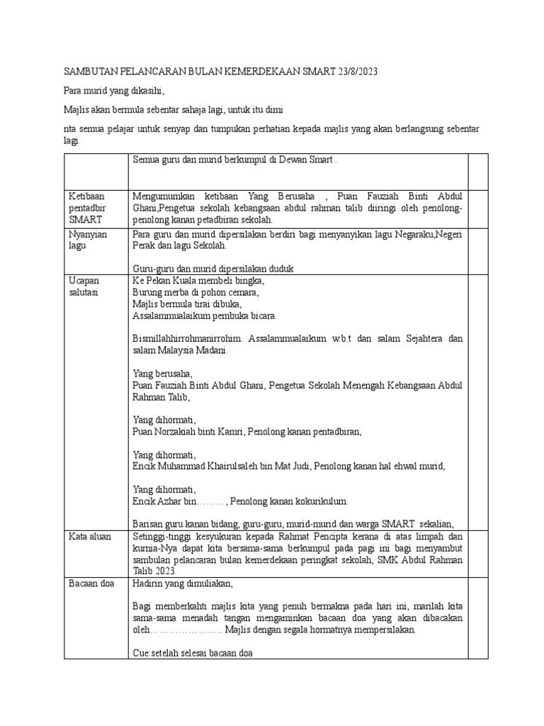 Teks MC Sambutan Pelancaran Bulan Kemerdekaan Smart 23 | PDF