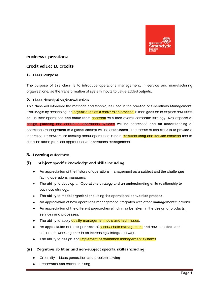 Business Operations - Class Outline - 2022 | PDF | Strategic Management ...