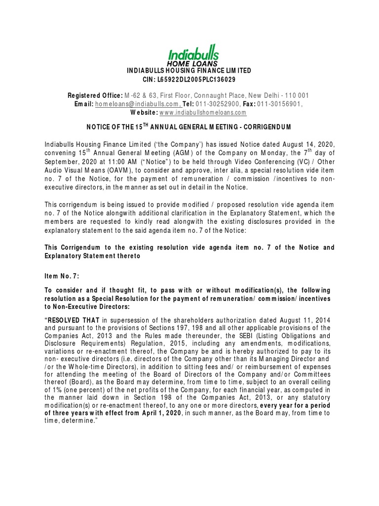 IHFL Corrigendum To 15th AGM Notice | PDF | Governance | Private Law