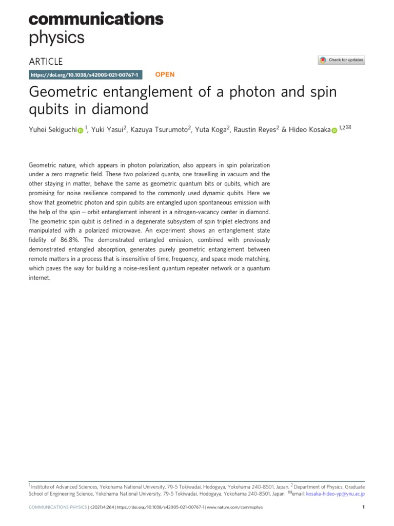 Geometric Entanglement of A Photon and Spin Qubits in Diamond | PDF | Quantum Entanglement | Photon
