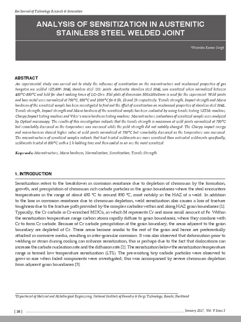 Analysis of Sensitization in Austenitic Stainless Steel Welded Joint ...