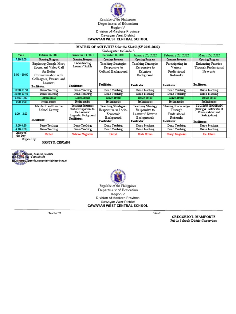 SLAC and INSET Activity Matrix 2021-2022 | PDF | Learning | Behavior ...