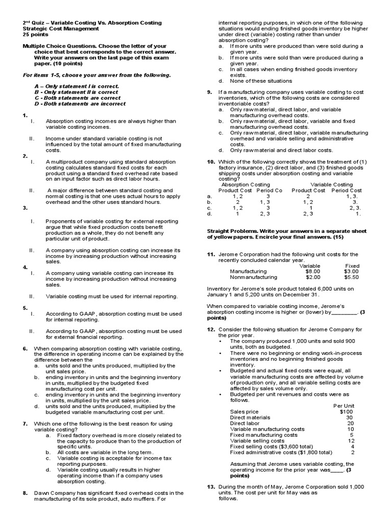 2nd Quiz Variable Costing | PDF | Cost Accounting | Inventory