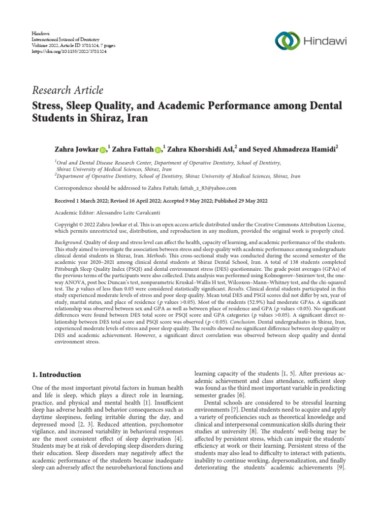 Jowkar Et Al. - 2022 - Stress, Sleep Quality, and Academic Performance Am | Download Free PDF ...
