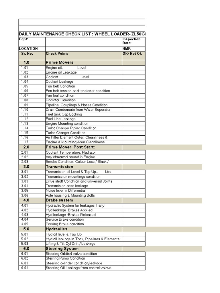 Daily Check Sheet - Wheel Loder | PDF | Transport | Car