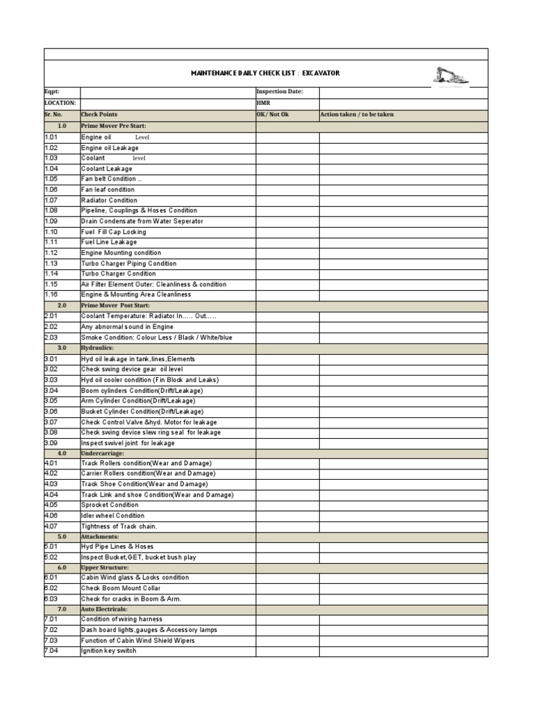 Daily Checksheet - Excavator | PDF | Engines | Mechanical Engineering