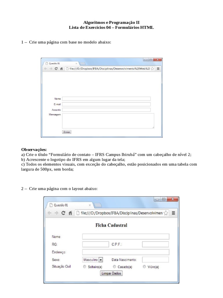 Lista de Exercícios 04 - Formulários HTML | PDF | Html | Senha