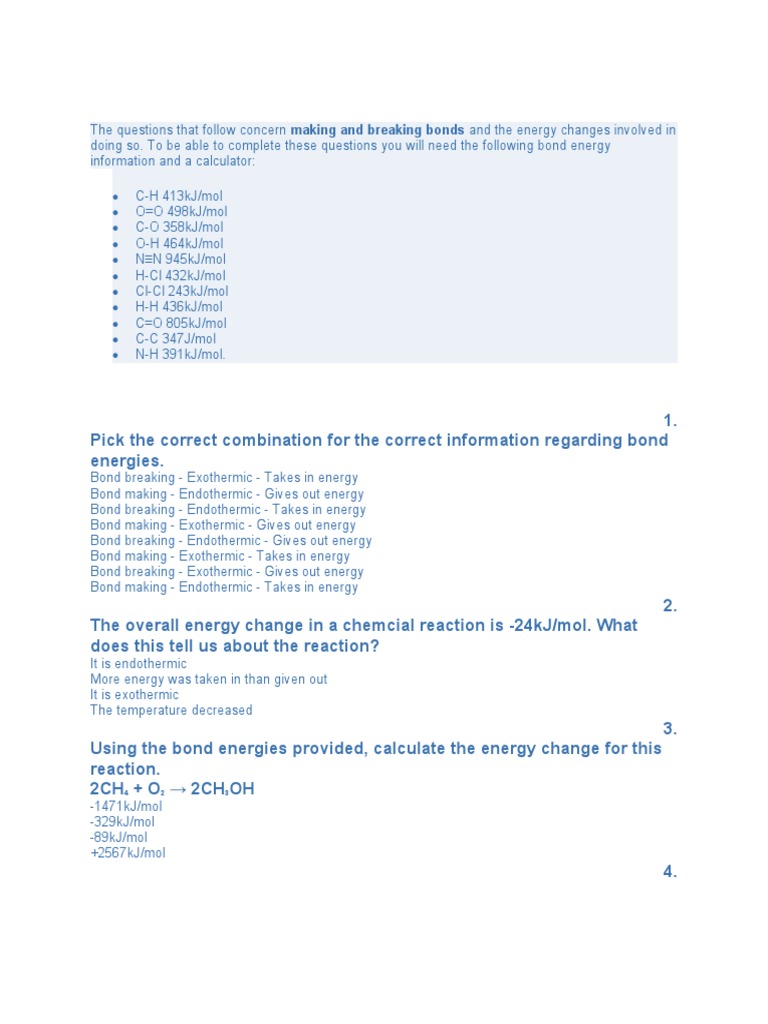 Bond Energy Chemistry Questions 2 | PDF