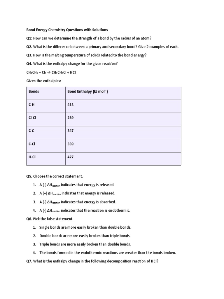 Bond Energy Chemistry Questions | PDF | Chemical Bond | Chemical Reactions