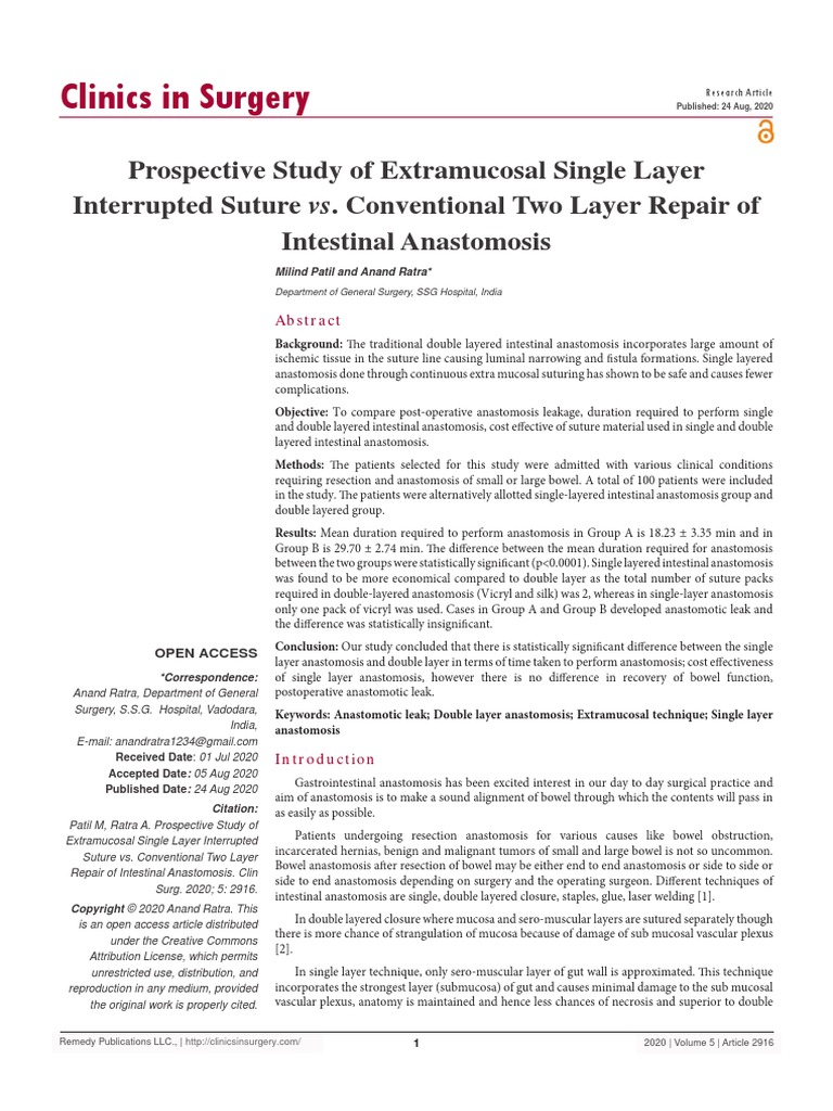 Prospective Study of Extramucosal Single Layer Interrupted Suture Vs ...
