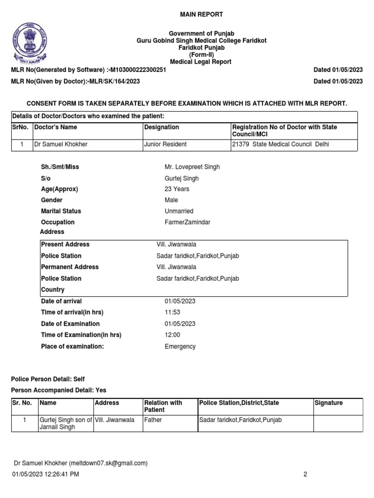 Medical Legal Report - MLR No. SK/164/2023 | PDF
