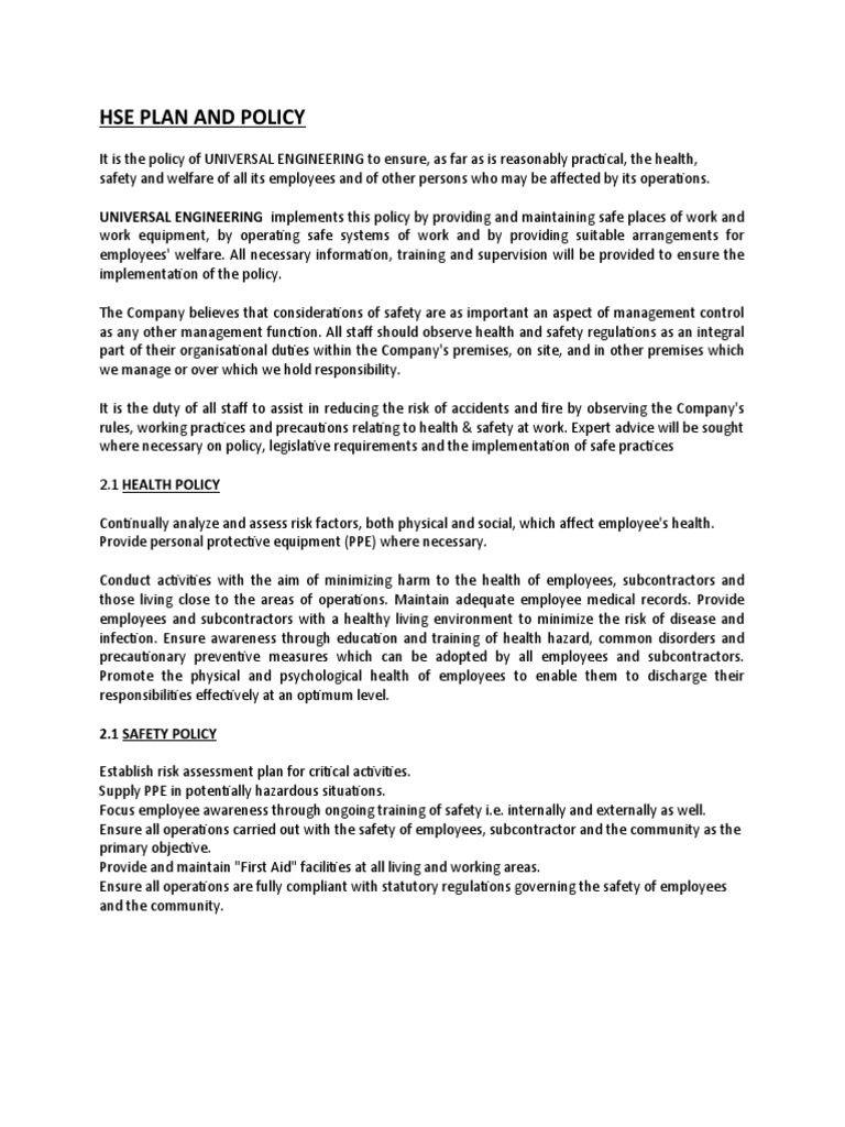 Hse - Plan | PDF | Occupational Safety And Health | Safety