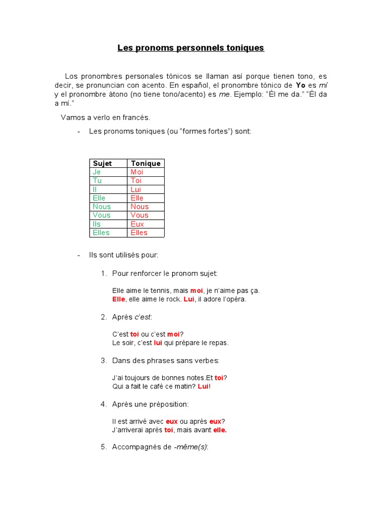 Exercices sur les pronoms toniques | PDF | Unités sémantiques | Nombre ...