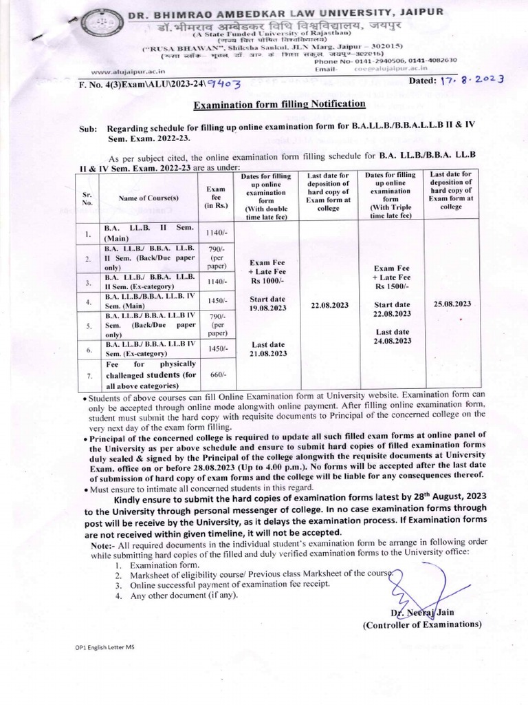 305 - Ext. in Schedule For Filling Up of Exam Form For BA LLB II & IV ...