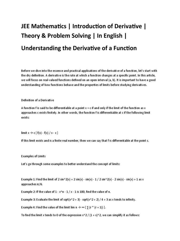 JEE Mathematics - Introduction of Derivative - Theory & Problem Solving ... JEE Mathematics - Introduction of Derivative - Theory & Problem Solving ...