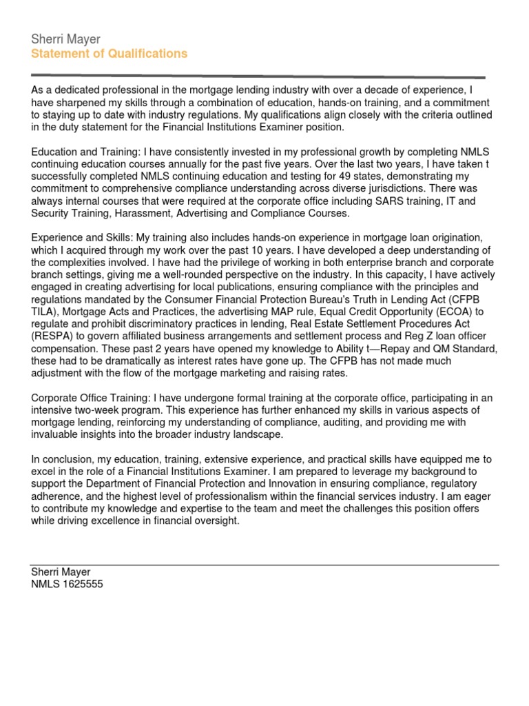 Statement of Qualifications | PDF | Mortgage Loan | Regulatory Compliance