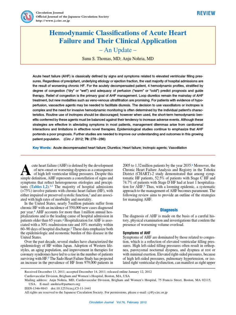 Hemodynamic Classifications of Acute Heart Failure and Their Clinical ...