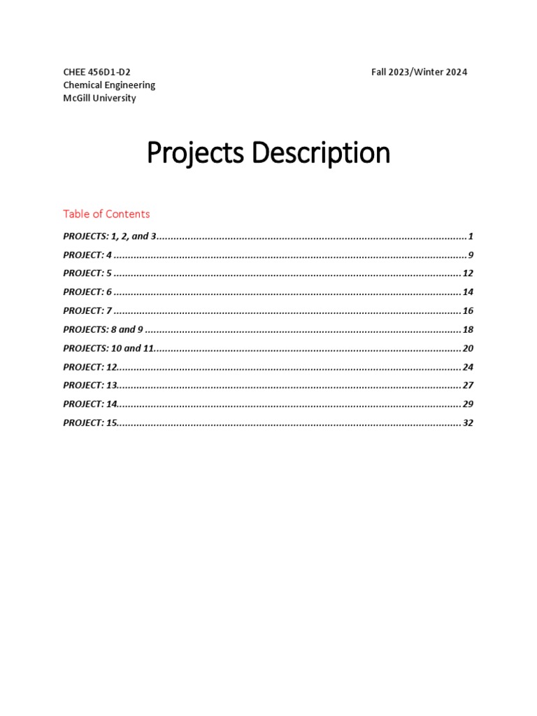 00-CHEE 456 Project Descriptions | PDF | Hydrogen | Nature