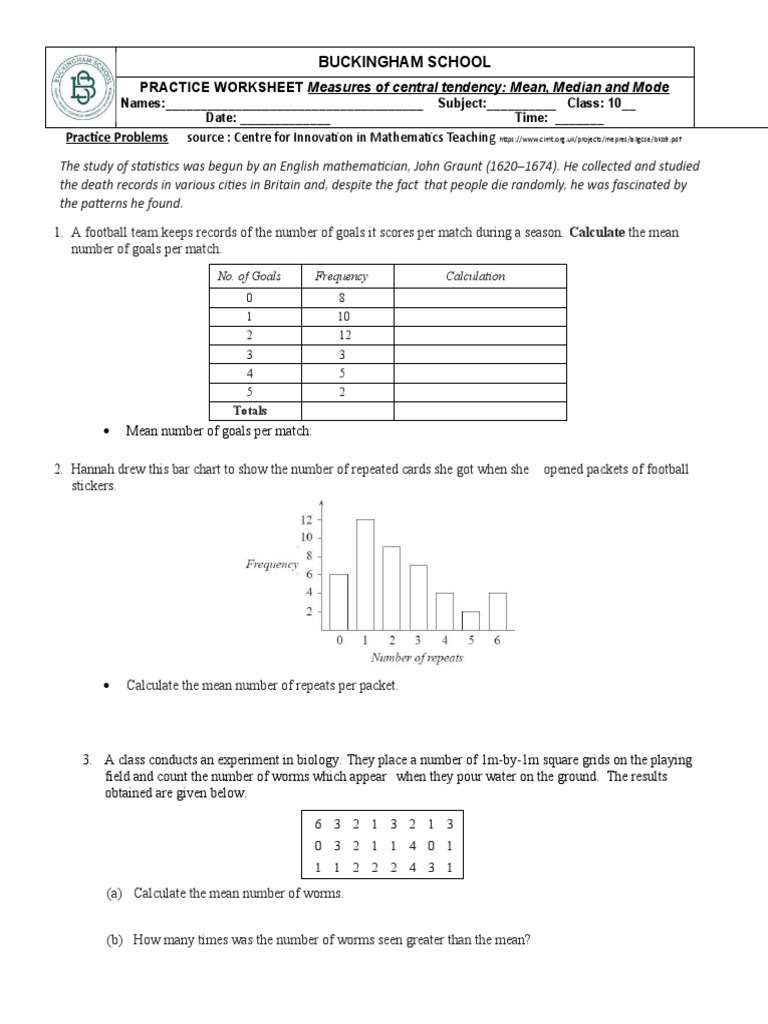 Mean, Median, Mode Practice Worksheet | PDF | Mean | Numbers