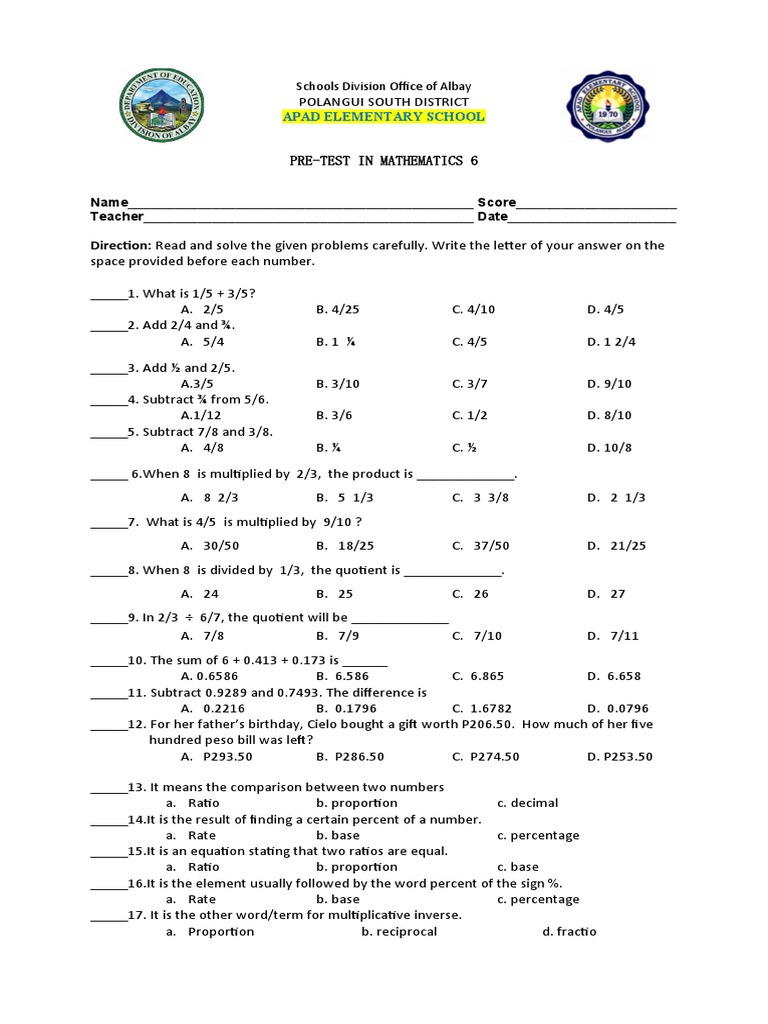 Pre-Test - Mathematics 6 | PDF | Triangle | Ratio