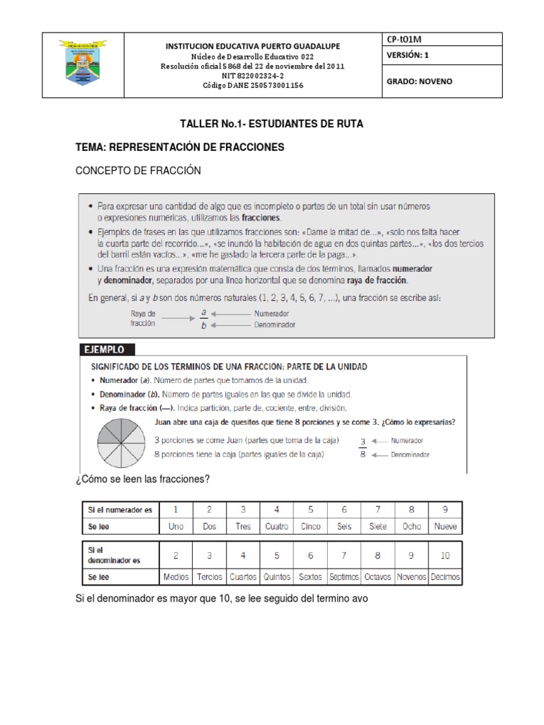 Taller 1. Representacion de Fracciones - Ruta | PDF Taller 1. Representacion de Fracciones - Ruta | PDF