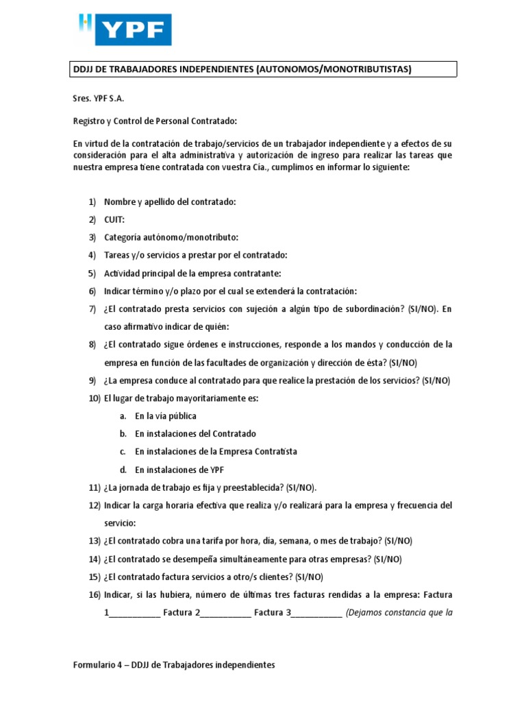 Formulario 4 - DDJJ de Trabajadores Independientes | PDF