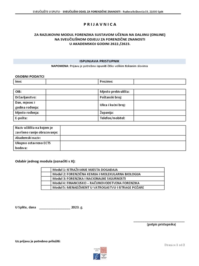 Prijavnica Razlikovni Modul 2022-23-1 | PDF
