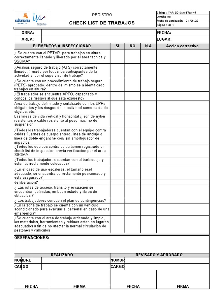 Yar-sd-sso-frm-45-02-Check List de Trabajo en Altura. | PDF