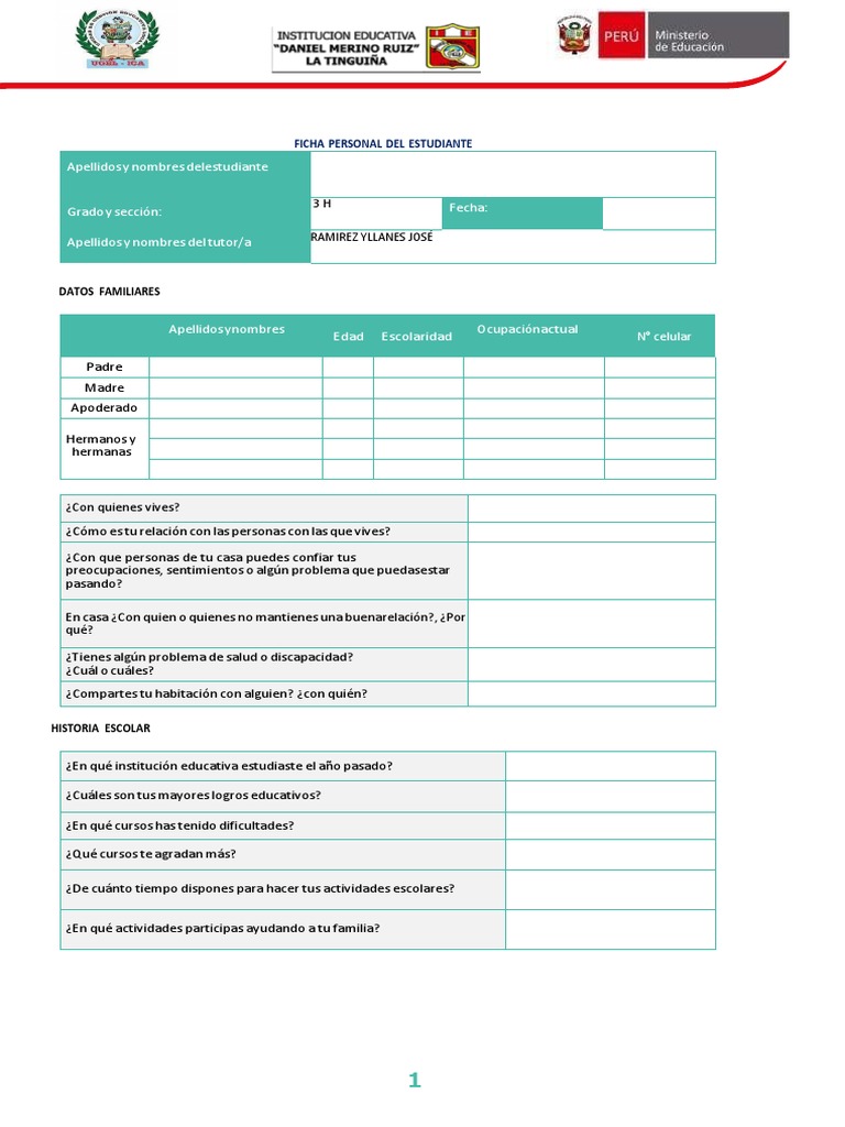 Ficha Personal del Estudiante: Datos Clave | PDF