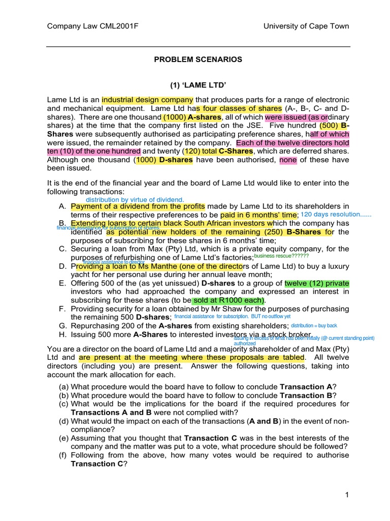 Company Law Problem Scenarios | PDF | Dividend | Investing