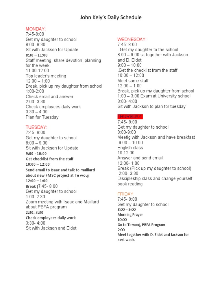 Kelly Schedule | PDF