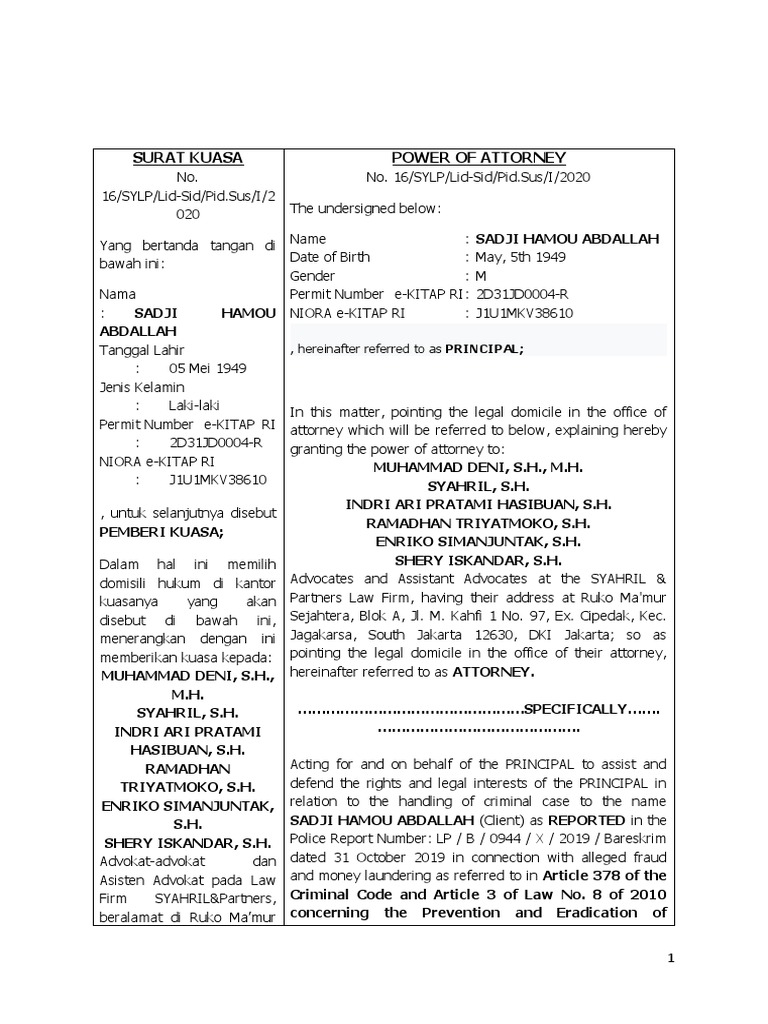 Surat Kuasa Sadji Hamou Abdallah | PDF | Practice Of Law | Justice