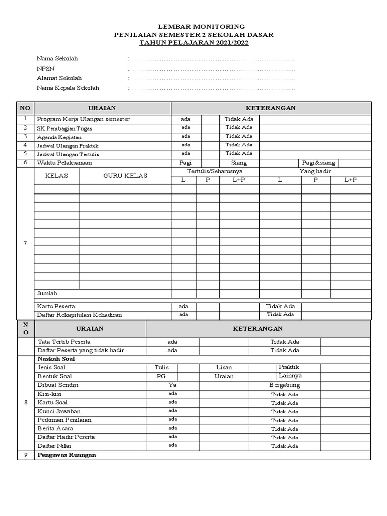Lembar Monitoring Penilaian SD | PDF