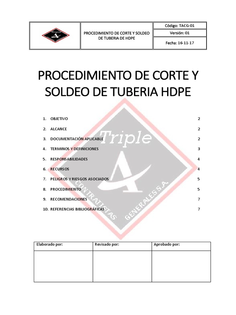 Procedimiento de Tendido y Soldeo de Tuberia Hdpe | PDF | Tubería (transporte de fluidos ...