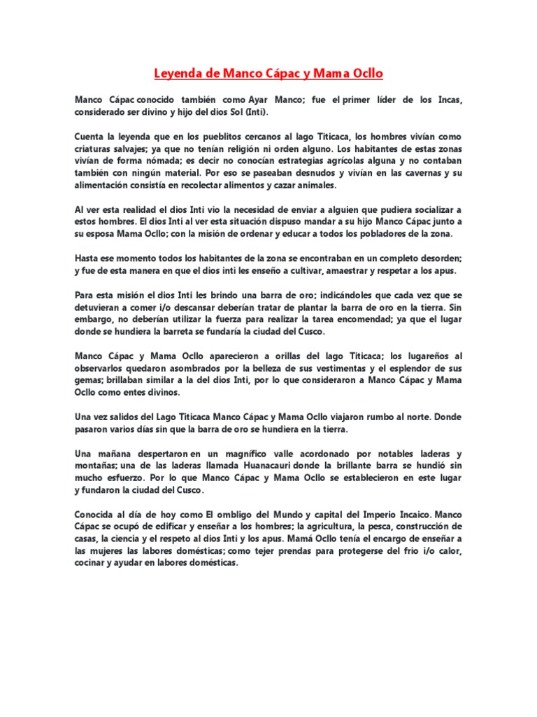 Leyenda de Manco Cápac y Mama Ocllo | PDF | Imperio Inca | Perú