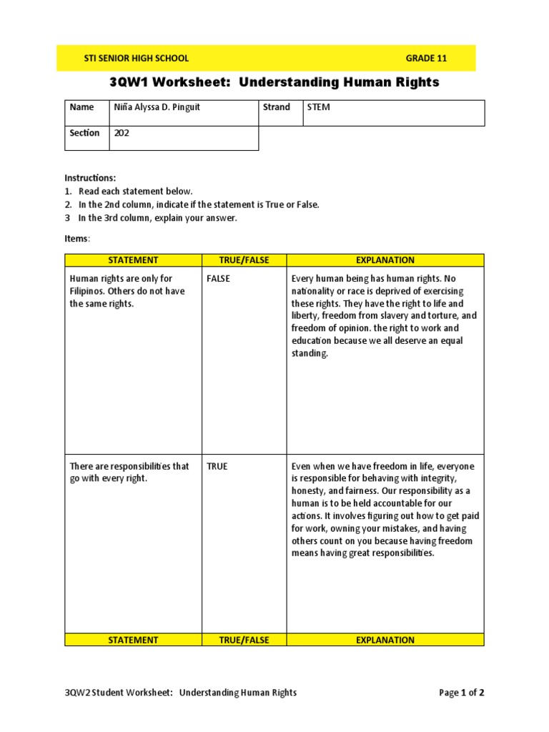 G113QW2 Worksheet - Understanding Human Rights | PDF | Human Rights ...