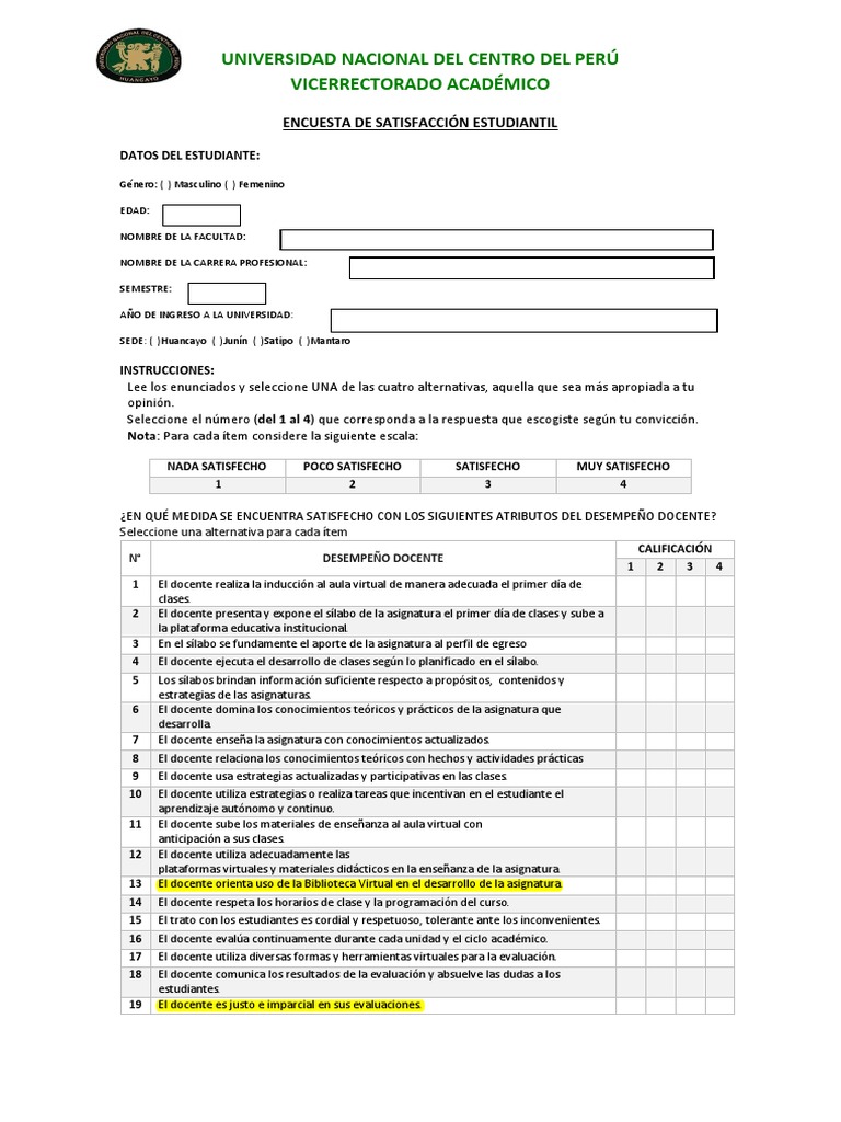 Cuestionario de Satisfacción Estudiantil Encuesta de Satisfacción ...