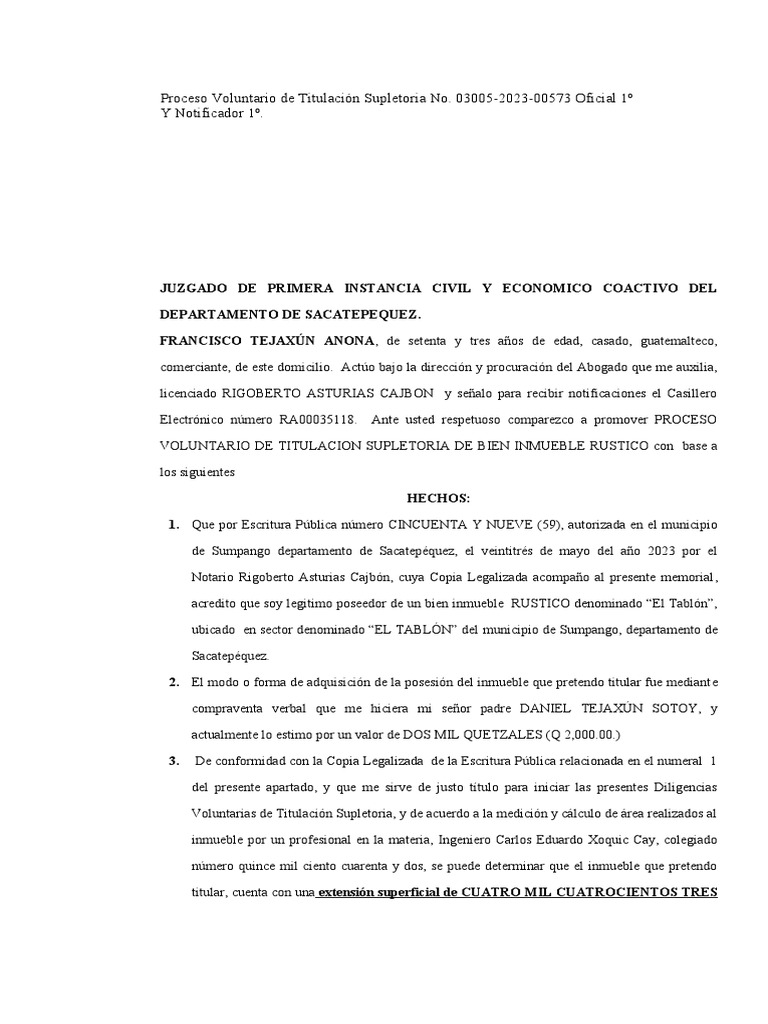 Primer Escrito Titulacion Supletoria | Descargar gratis PDF | Guatemala ...