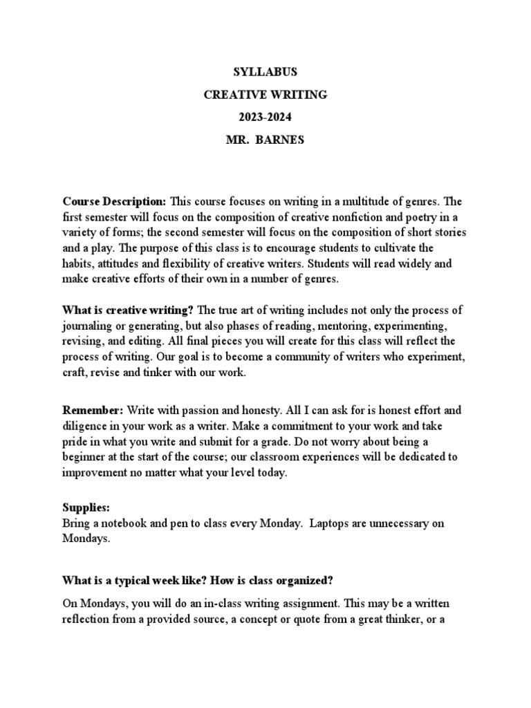 Creative Writing Syllabus 2023-2024 | PDF