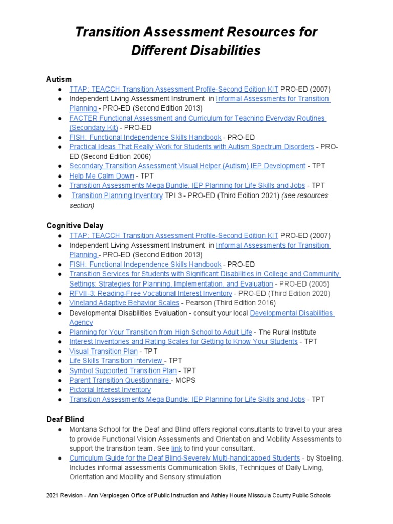 Transition Assessment Resources For Different Disabilities 2 | PDF ...