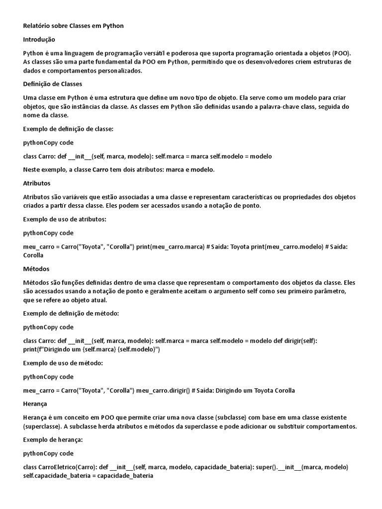 Relatório Sobre Classes em Python | PDF | Classe (programação de ...