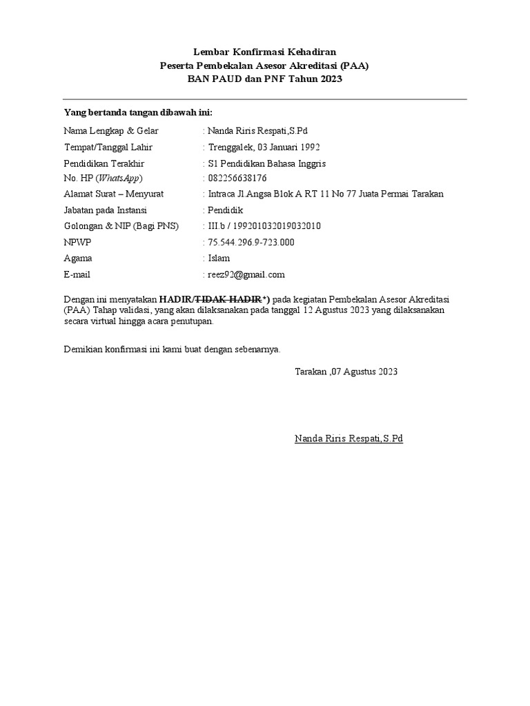 Lembar Konfirmasi Kehadiran Peserta PAA Validasi | PDF
