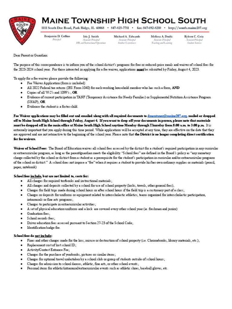 Fee Waiver Parent Letter | PDF