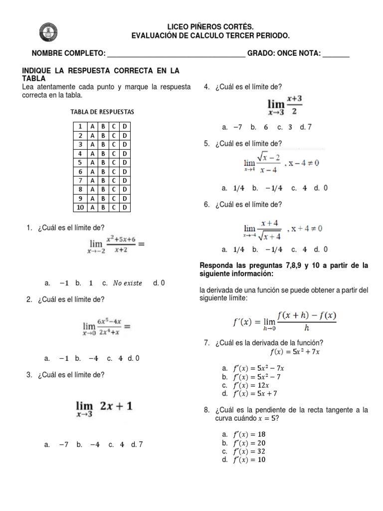 Evaluación Calculo 11 | PDF | Derivado | Matemáticas