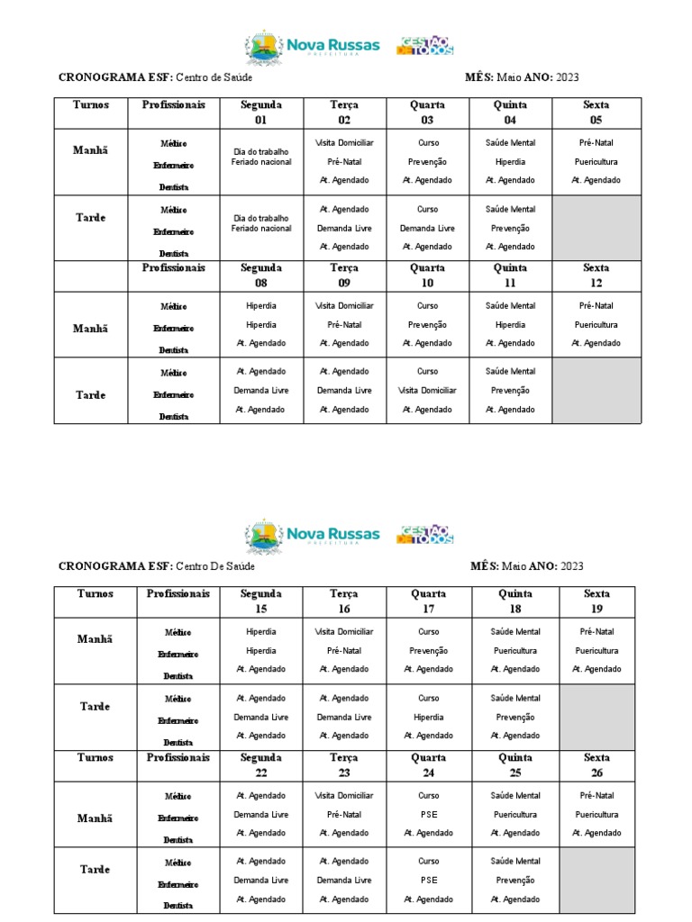 Cronograma Esf Centro de Saude | PDF | Enfermagem | Especialidades médicas