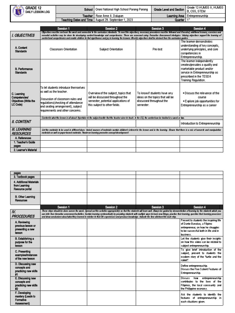 DLL Entrepreneurship Week1 | PDF | Learning | Curriculum