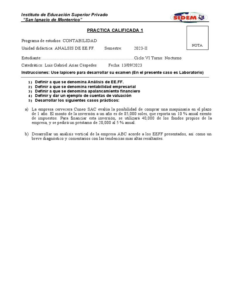 Practica Calificada 1 - Analisis Eeff 6to Ciclo Contabilidad | PDF | Estado de resultados ...
