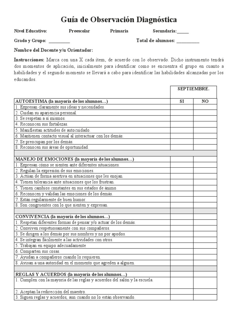Guia de Observación - DIAGNOSTICO Alumnos | PDF | Las emociones | Educación de la primera infancia